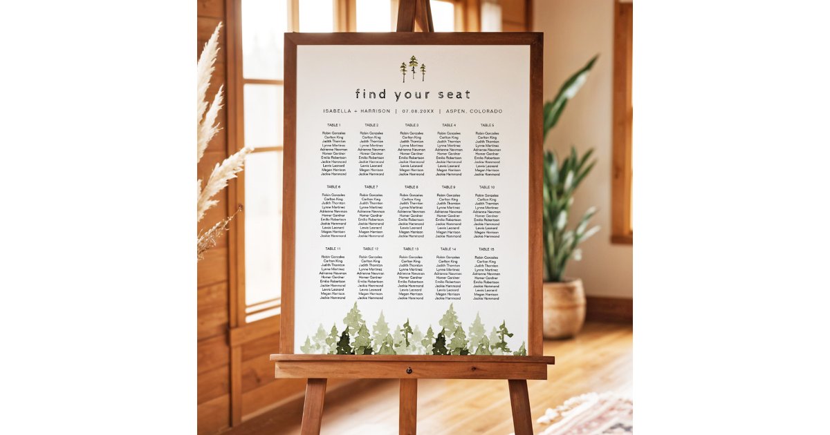 JENNA Rustic Watercolor Pine Tree Seating Chart | Zazzle