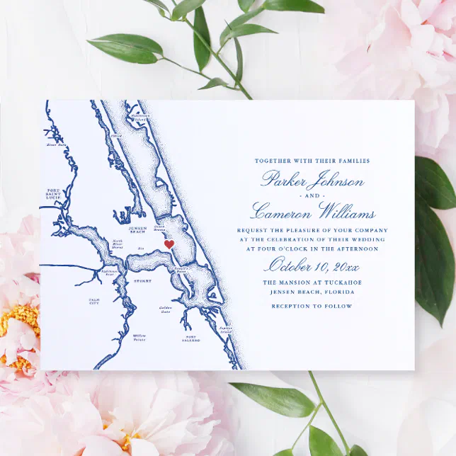 Jensen Beach FL Map Elegant Navy Blue Wedding Invitation | Zazzle
