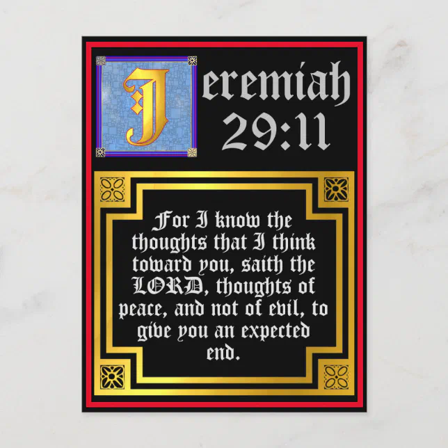Jeremiah 29:11 Gold Illuminated Letter Bible Quote Holiday Postcard | Zazzle
