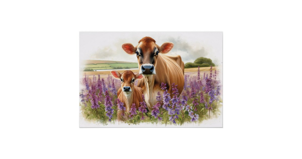 Jersey Cow and Calf Wildflower Poster | Zazzle