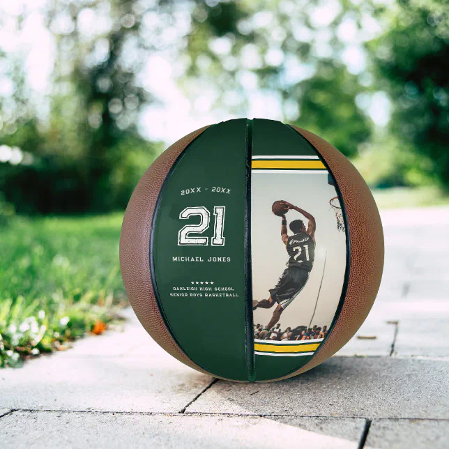 Jersey Number | Green & Gold Graduation Monogram Basketball | Zazzle