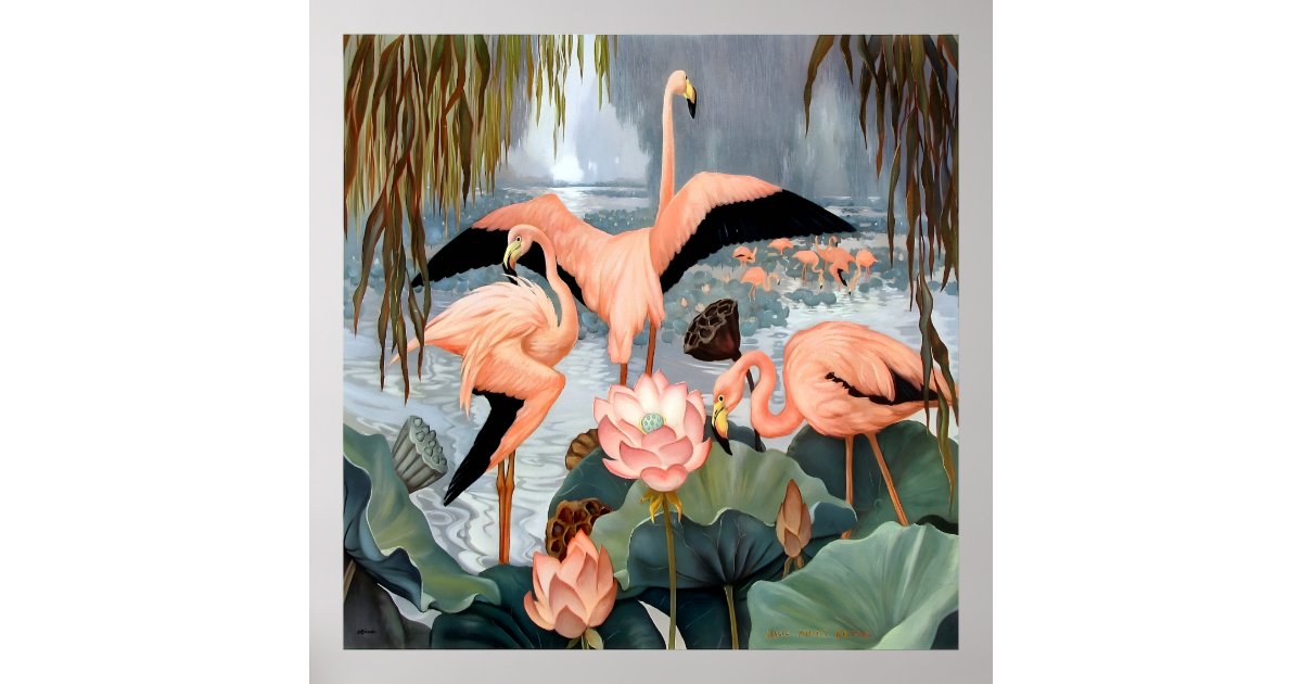 Jessie Arms Botke - Flamingos and lotus Poster | Zazzle