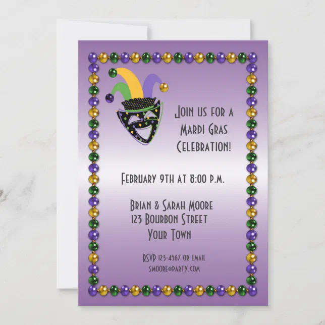 Jester, Beads, Mardi Gras Party Invitation | Zazzle