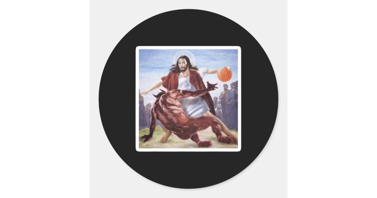 Jesus Crossing Up Satan Basketball Classic Round Sticker | Zazzle