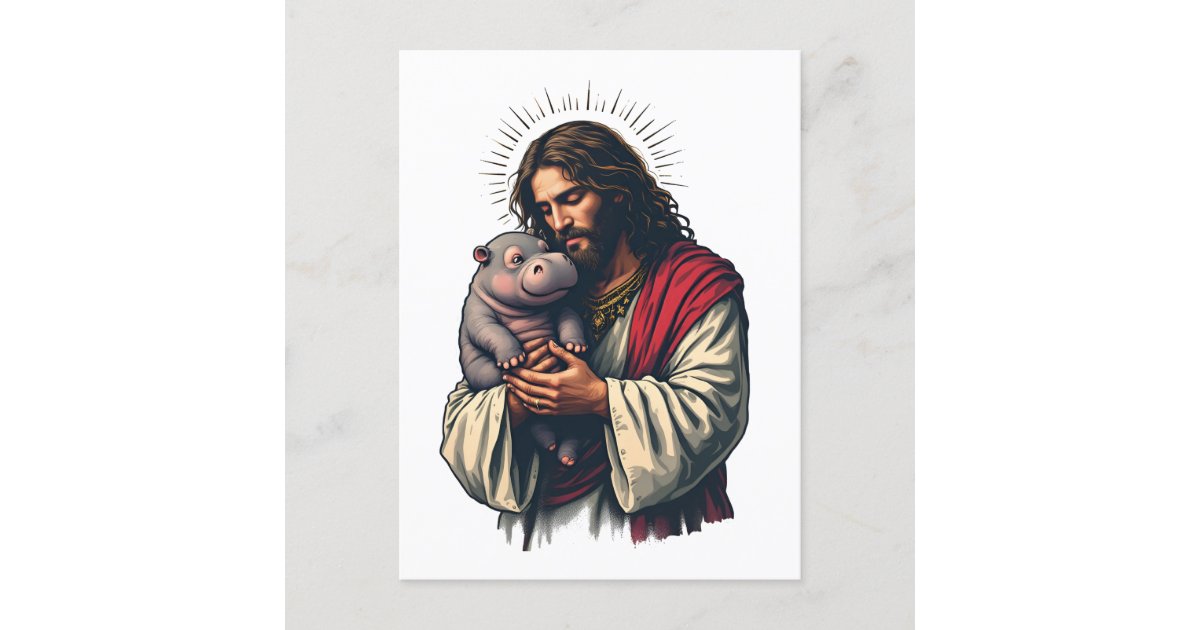 Jesus Holding a Baby Moo Deng Hippo Postcard | Zazzle