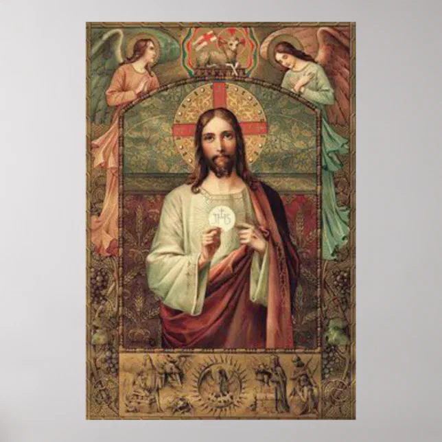 Jesus holding Eucharist Host with Angels Above Poster | Zazzle