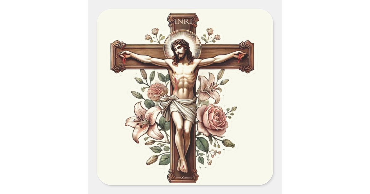 Jesus on Crucifix with Roses Religious Square Sticker | Zazzle