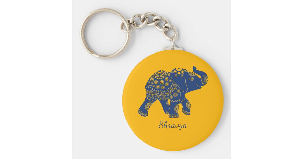 Jeweled Elephant Blue and Gold Personalized Keychain | Zazzle