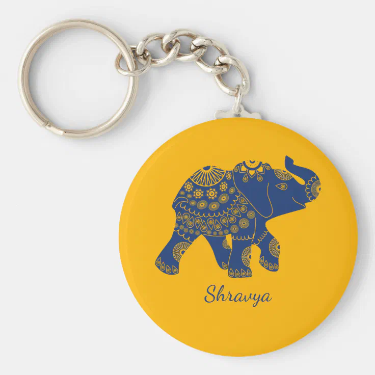 Jeweled Elephant Blue and Gold Personalized Keychain | Zazzle