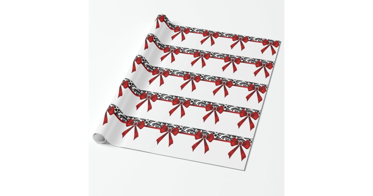 Jeweled Red Bow Damask Holiday Wrapping Paper | Zazzle