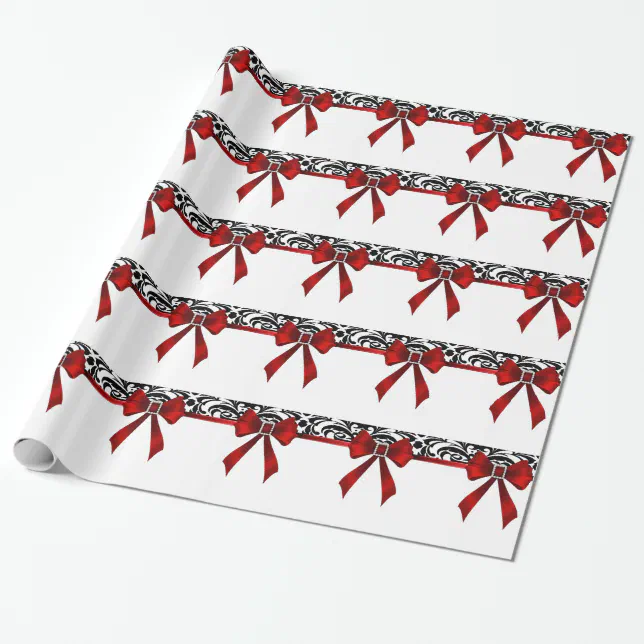 Jeweled Red Bow Damask Holiday Wrapping Paper | Zazzle
