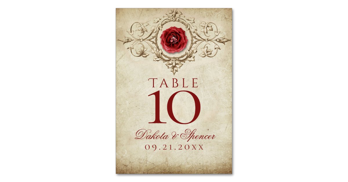 Jeweled Rose | Vintage Crimson Red Gem Grunge Table Number | Zazzle