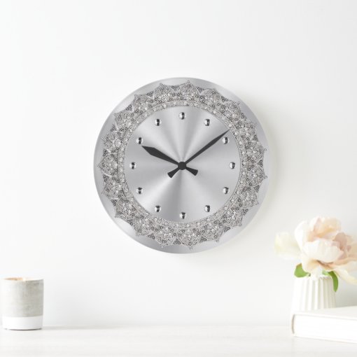 Jeweled Silver Large Clock | Zazzle
