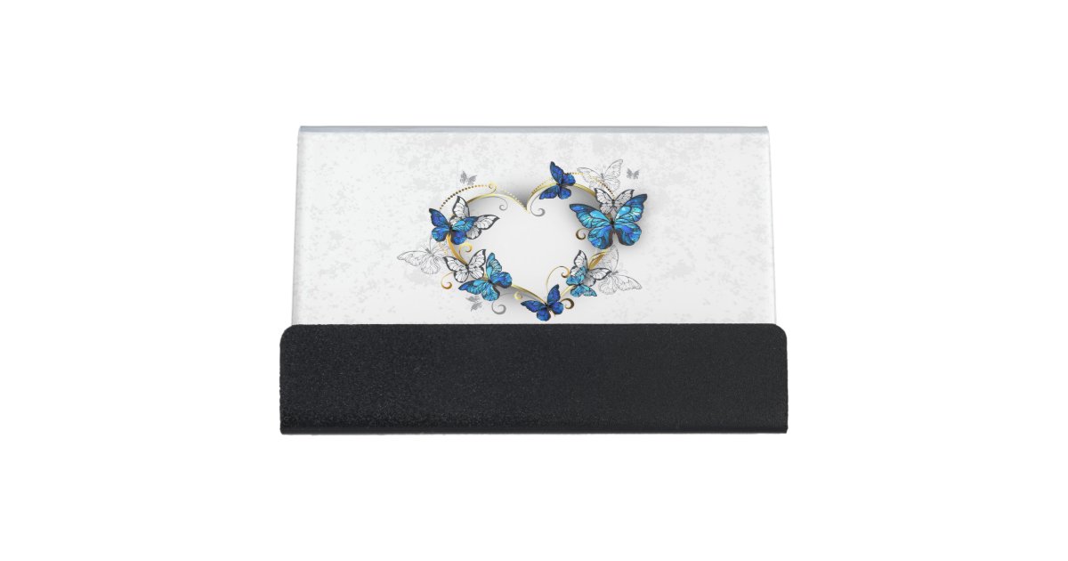 Jewelry Heart with Butterflies Morpho Desk Business Card Holder | Zazzle