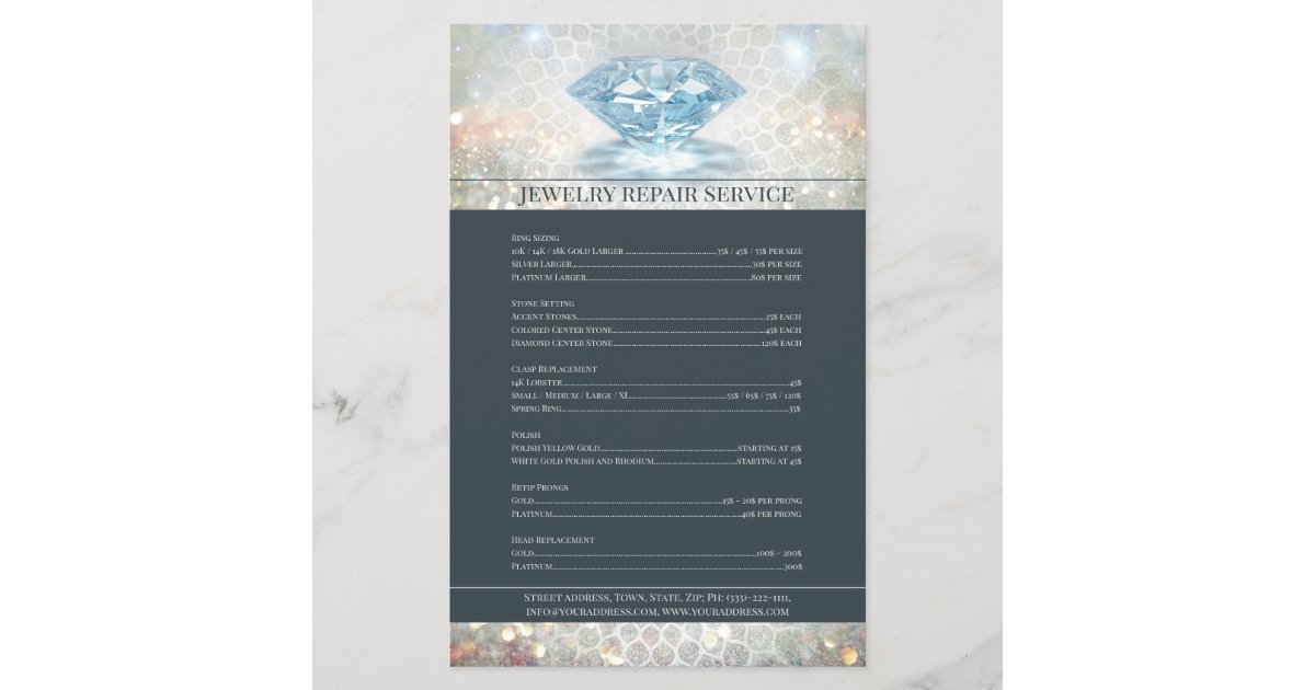 Jewelry Repair Price List Sparkling Diamond Flyer | Zazzle