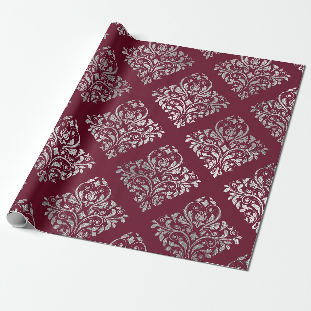 Jewelry Royal Damask Maroon Burgundy Vip Silver Wrapping Paper | Zazzle