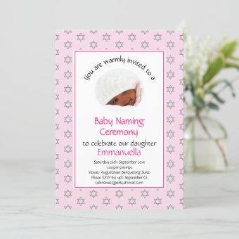 Jewish Baby Naming | Simchat Bat | Photo | Pink Invitation | Zazzle