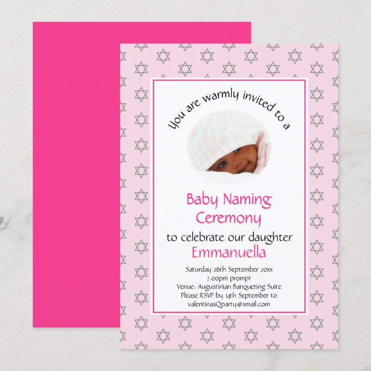 Jewish Baby Naming | Simchat Bat | Photo | Pink Invitation | Zazzle