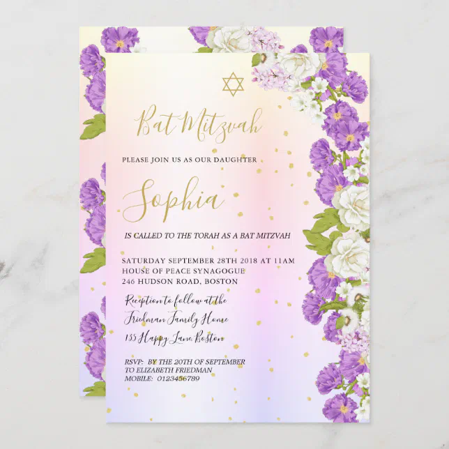 Jewish Bat Mitzvah Purple Floral Gold Hebrew Invitation | Zazzle