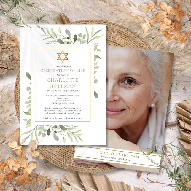 Jewish Celebration of Life Funeral Greenery Photo Invitation | Zazzle