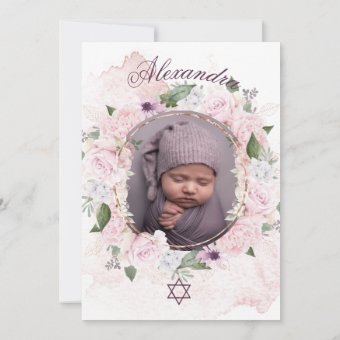 Jewish Girl Baby Naming Photo Pink Roses Invitation | Zazzle