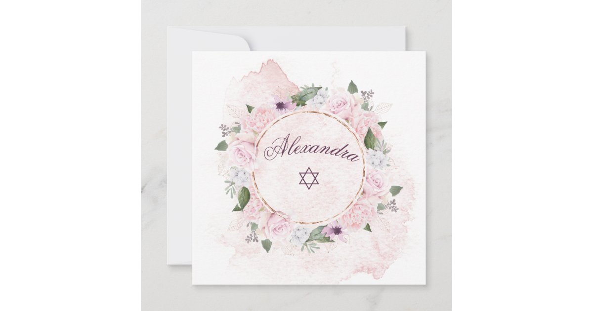 Jewish Girl Naming Pink Roses Star Of David Square Invitation | Zazzle