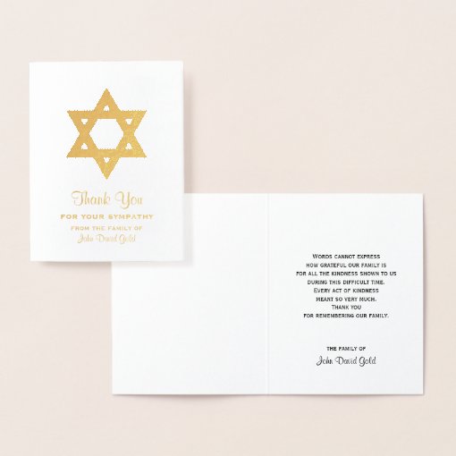 Jewish Sympathy Thank You Gold Foil Star of David Foil Card | Zazzle