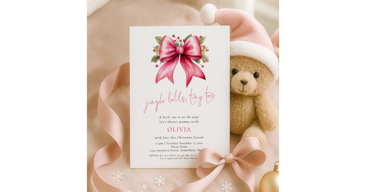 Jingle Bells Tiny Toes Pink Bow Xmas Baby Shower Invitation | Zazzle