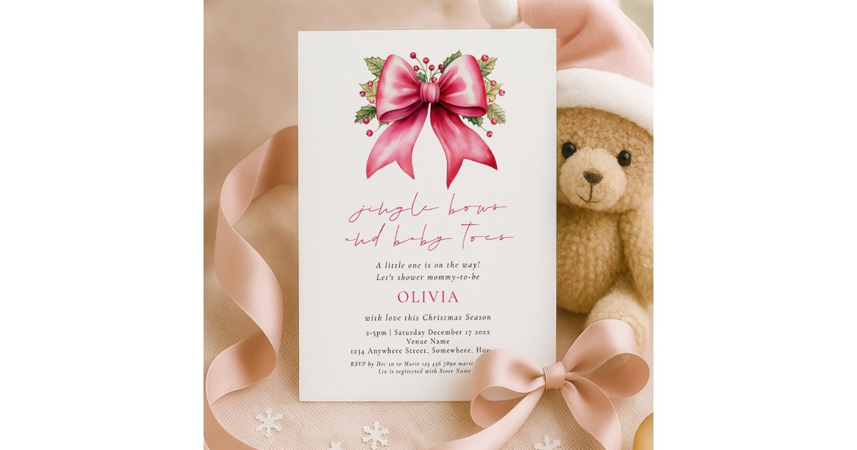 Jingle Bows Baby Toes Pink Bow Festive Baby Shower Invitation | Zazzle