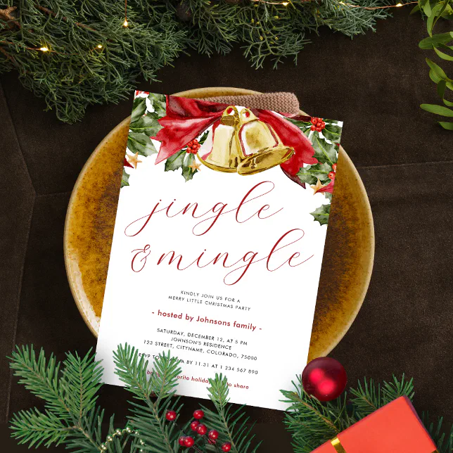 Jingle & Mingle Festive Gold Bells Christmas Party Invitation | Zazzle