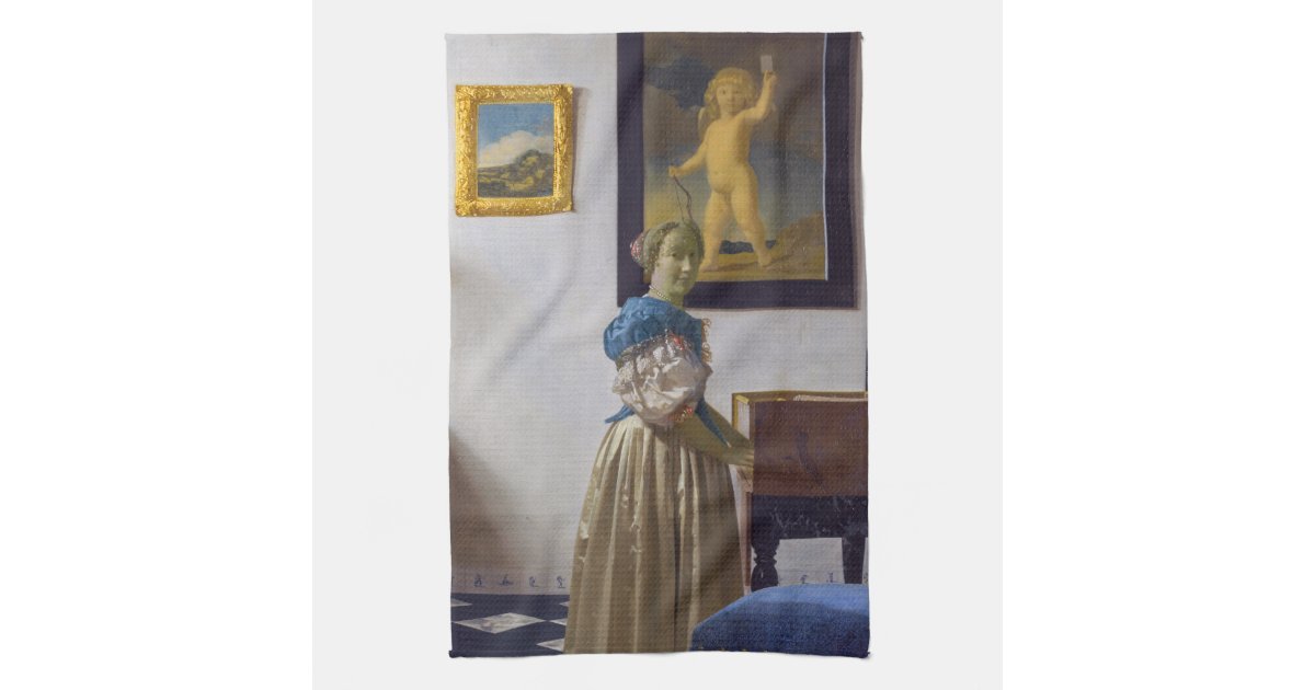 Johannes Vermeer - Lady Standing at a Virginal Kitchen Towel | Zazzle