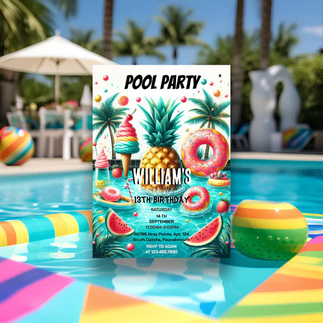 Join boy water blue Cool Pool Party 13th Birthday Invitation | Zazzle