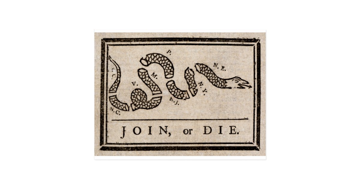 Join or Die Political Cartoon by Benjamin Franklin Postcard | Zazzle.com