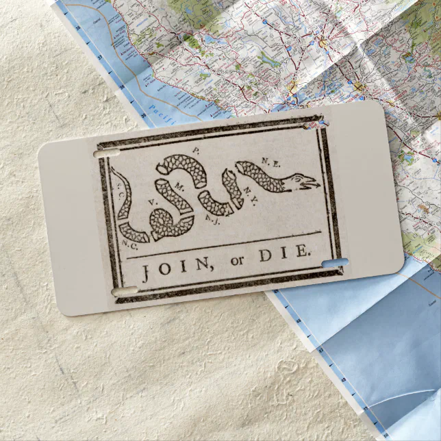 Join or Die Rattlesnake: Cartoon Benjamin Franklin License Plate | Zazzle