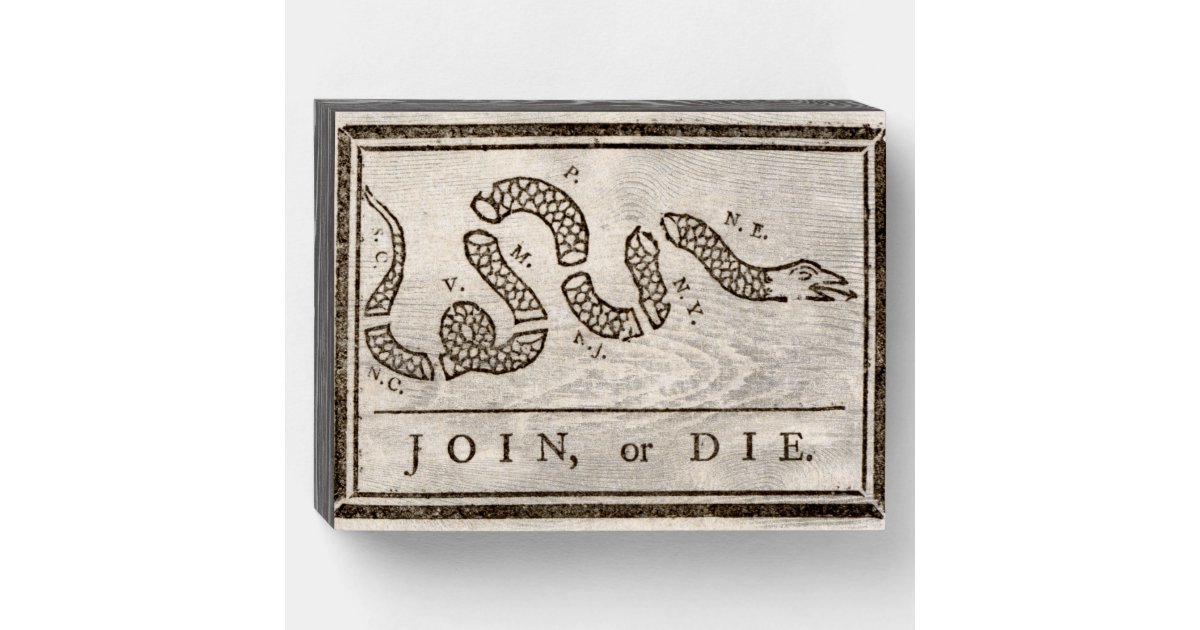 Join or Die Rattlesnake: Cartoon Benjamin Franklin Wooden Box Sign | Zazzle