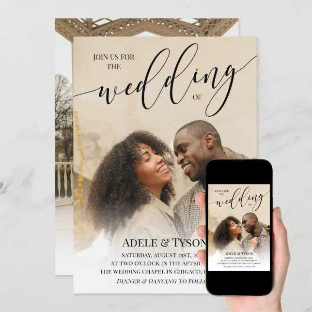 Join Us Calligraphy Photo Double Sided Wedding Invitation | Zazzle