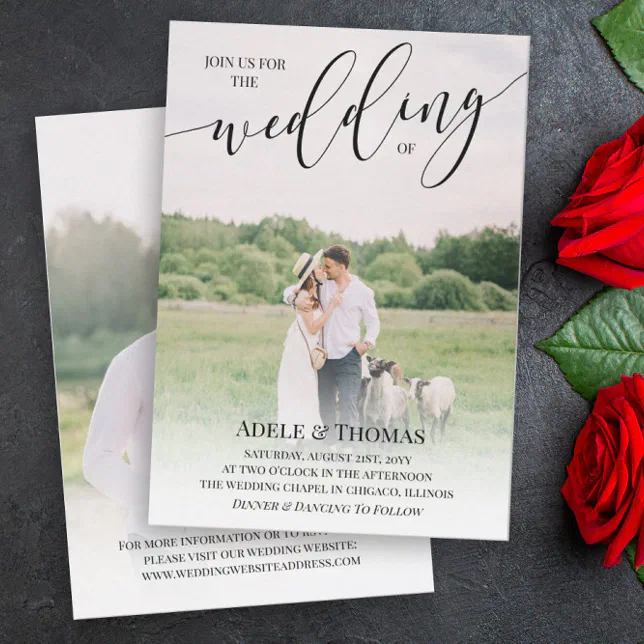 Join Us Calligraphy Photo Double Sided Wedding Invitation | Zazzle