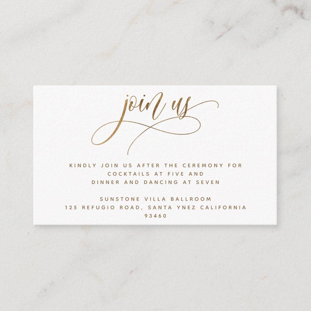 Join Us, Elegant Modern Calligraphy Reception Gold Enclosure Card | Zazzle