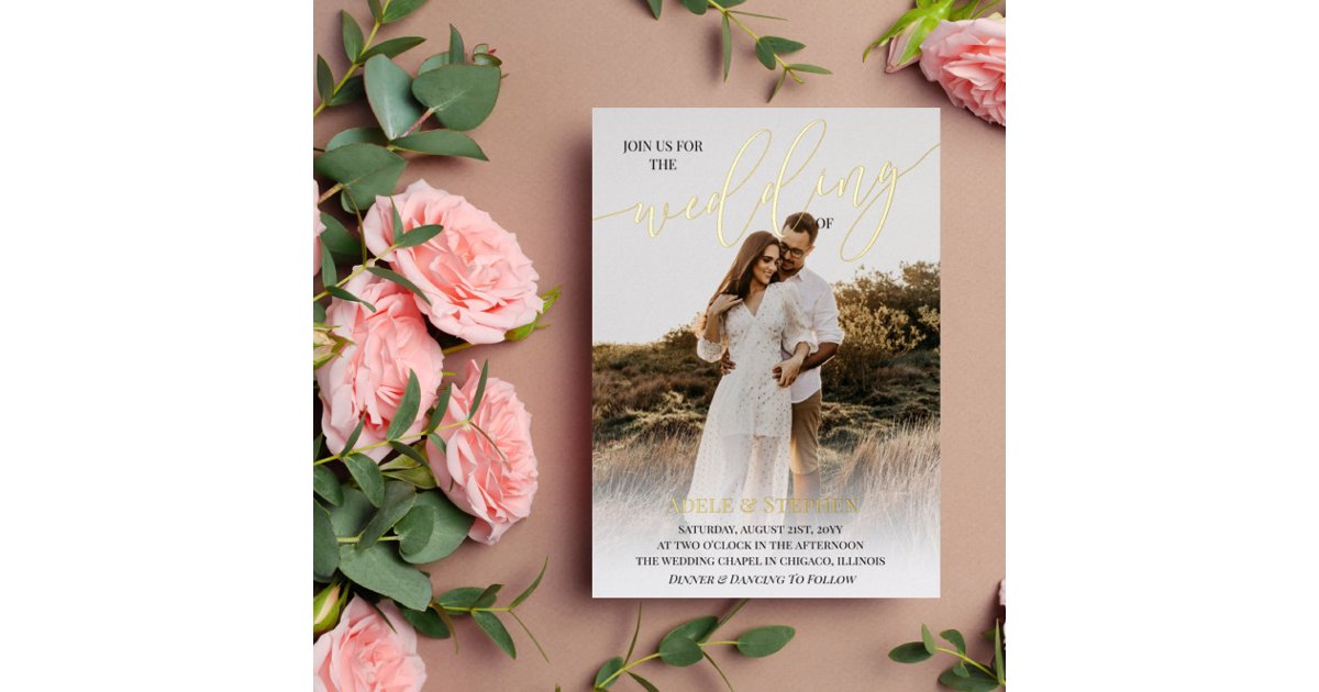 Join Us Gold Script Photo Double Sided Wedding Foil Invitation | Zazzle