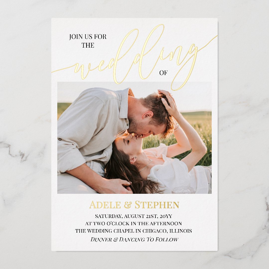 Join Us Gold Script Photos Double Sided Wedding Foil Invitation | Zazzle