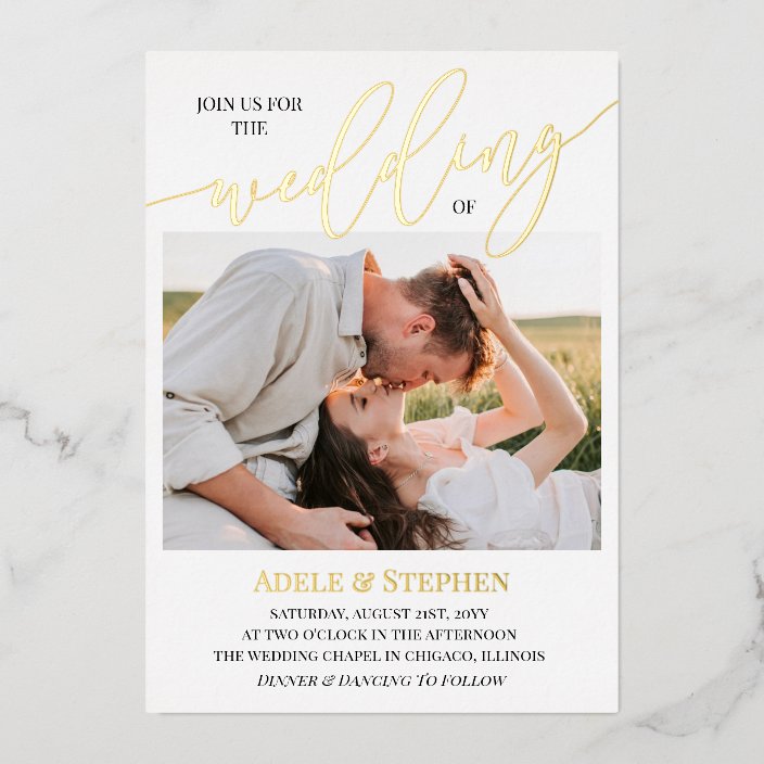 Join Us Gold Script Photos Double Sided Wedding Foil Invitation | Zazzle