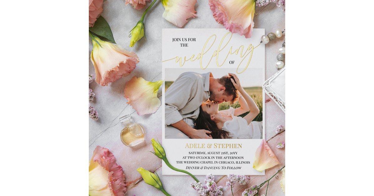 Join Us Gold Script Photos Double Sided Wedding Foil Invitation | Zazzle