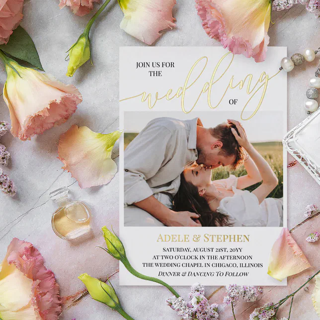 Join Us Gold Script Photos Double Sided Wedding Foil Invitation | Zazzle