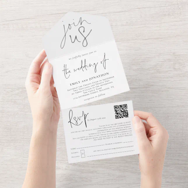 Join Us Modern Script Typographical Black White All In One Invitation ...
