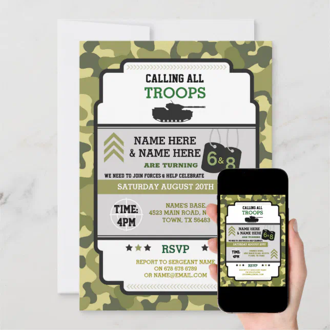 Joint Army Military Birthday Two Shared Tank Camo Invitation | Zazzle