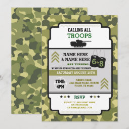 Joint Army Military Birthday Two Shared Tank Camo Invitation | Zazzle