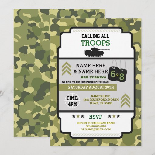 Joint Army Military Birthday Two Shared Tank Camo Invitation | Zazzle