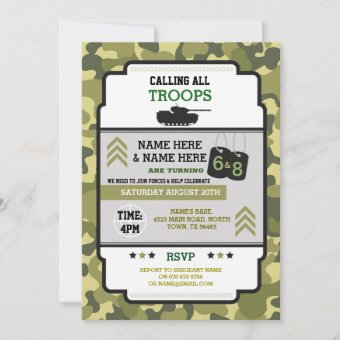 Joint Army Military Birthday Two Shared Tank Camo Invitation | Zazzle
