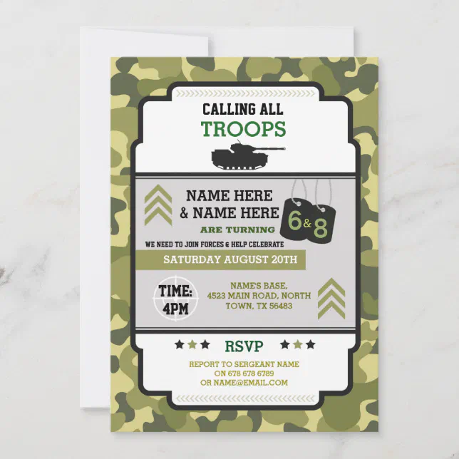 Joint Army Military Birthday Two Shared Tank Camo Invitation | Zazzle