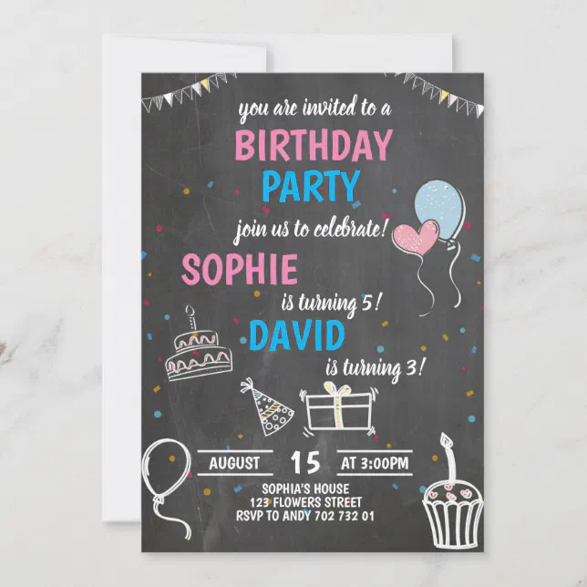 Joint Birthday Party Boy & Girl Chalkboard Cute Invitation | Zazzle